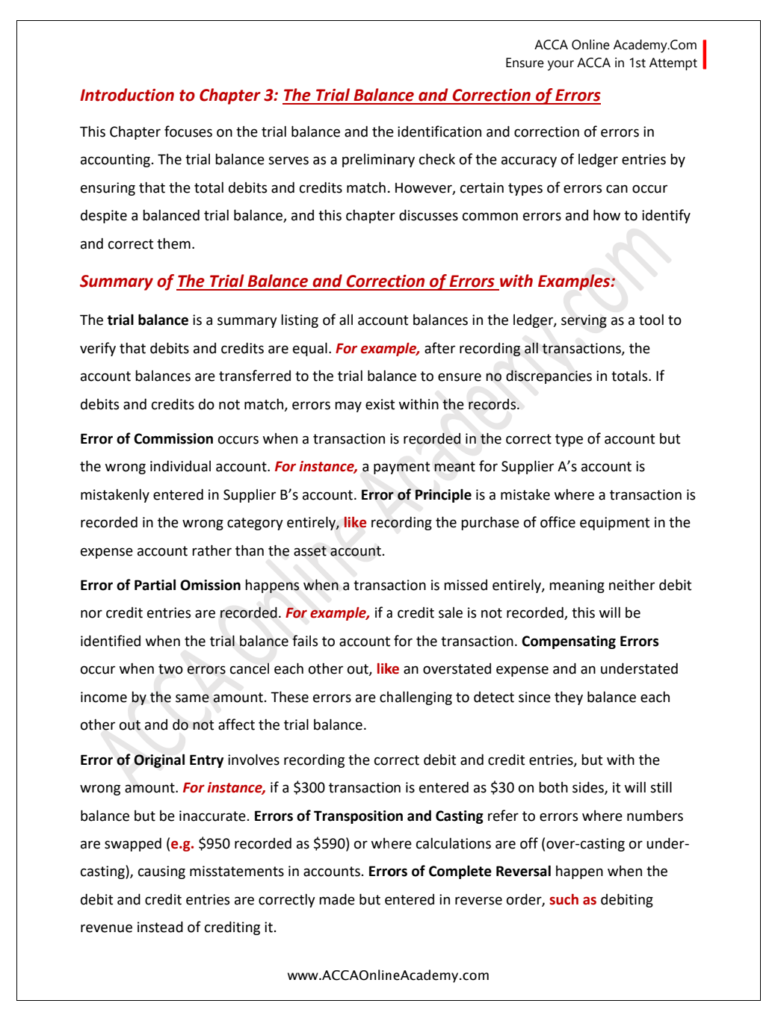 Ch 3: The Trial Balance and Correction of Errors – ACCA Online Academy
