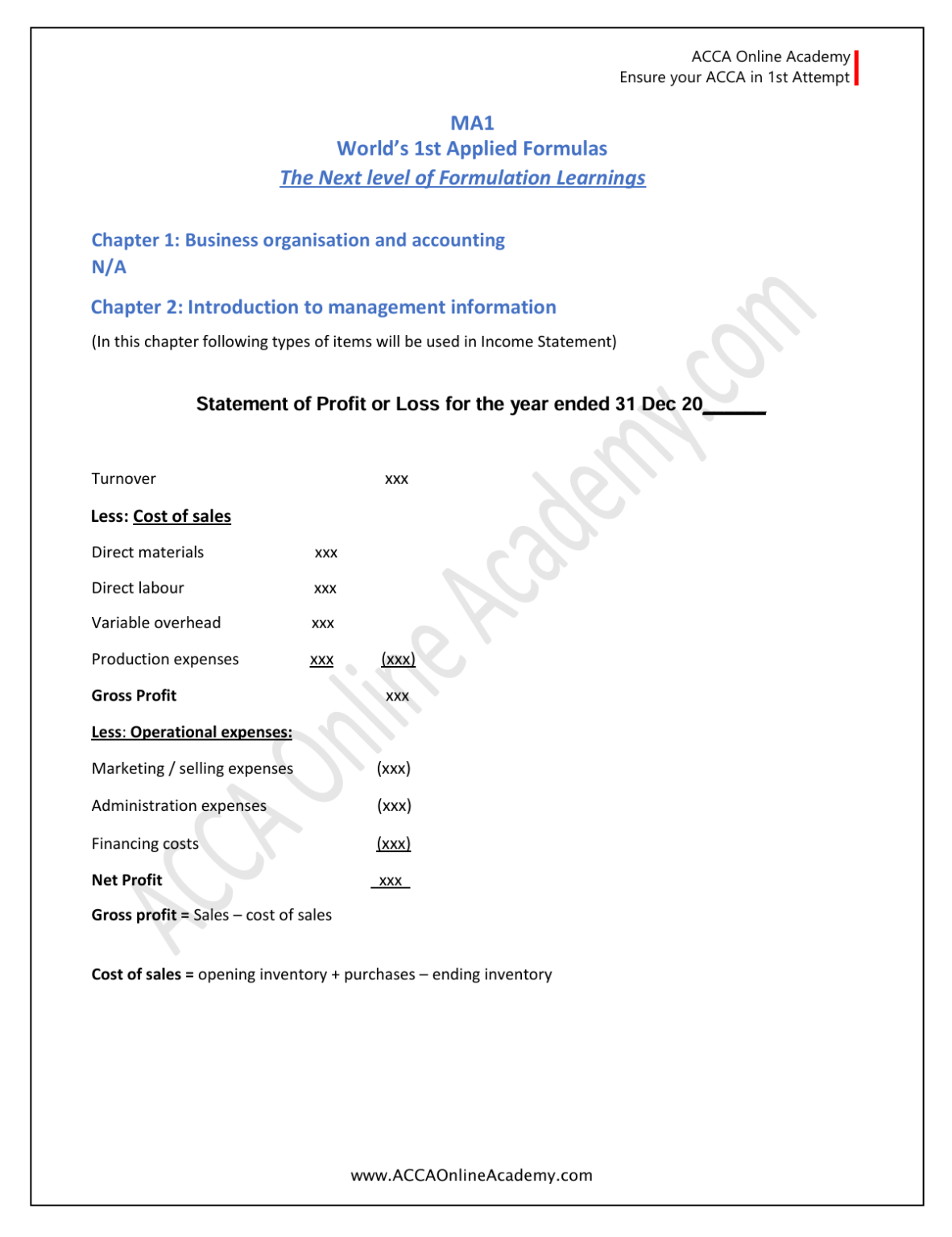 MA-1 Formulas (Chapter-wise) – ACCA Online Academy