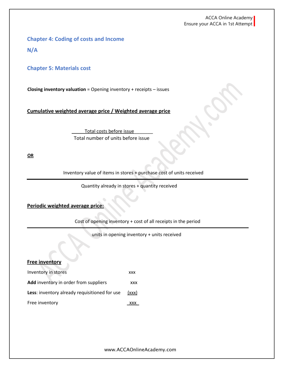 MA-1 Formulas (Chapter-wise) – ACCA Online Academy